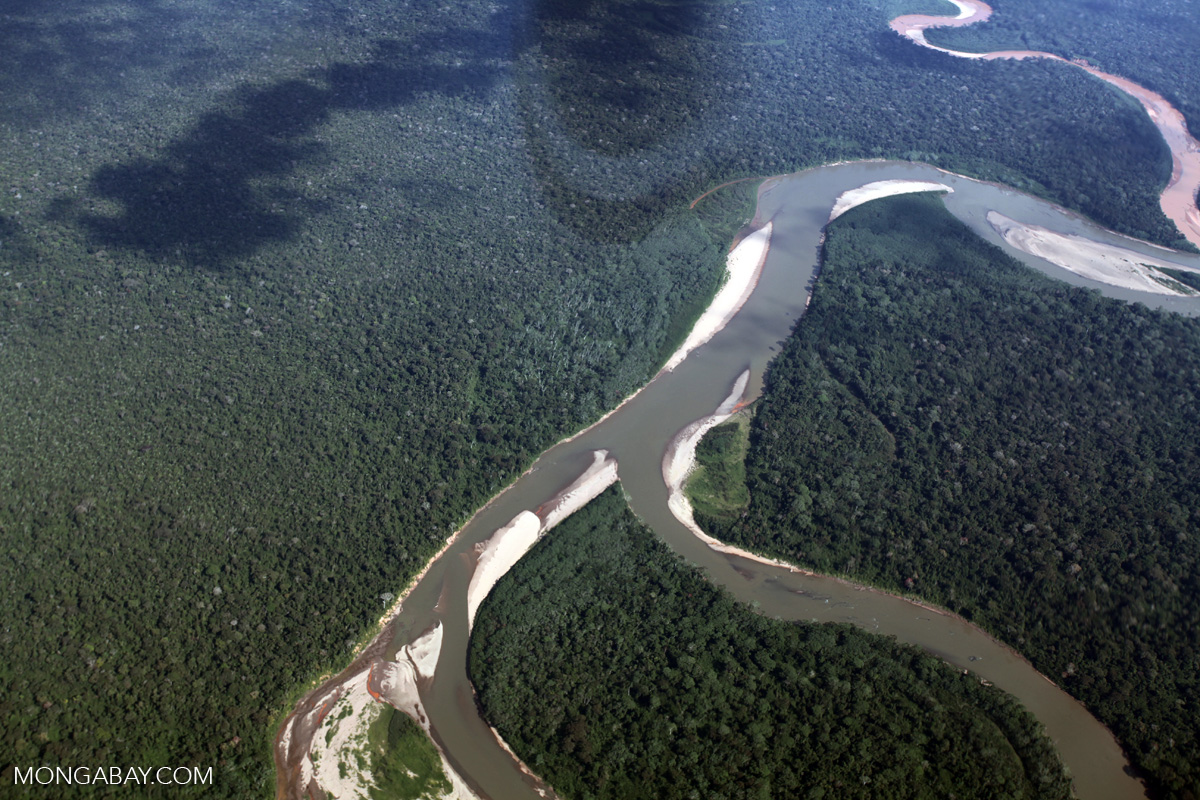 Overhead photograph of a rainforest river in the Peruvian Overhead ...