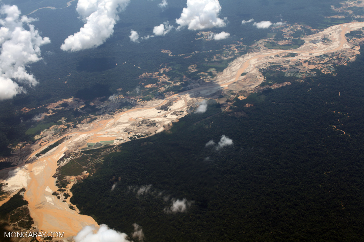 Plane photo of gold mining damage in the Peruvian Amazon