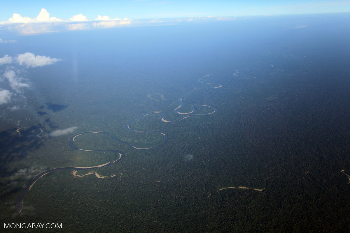 Overhead view of a remote river in the uppermost reaches of the Amazon ...